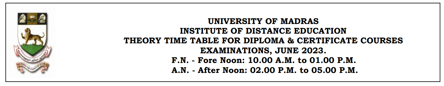 Madras University Distance Education Timetable 2025 Ug Pg 1st 3rd 5th